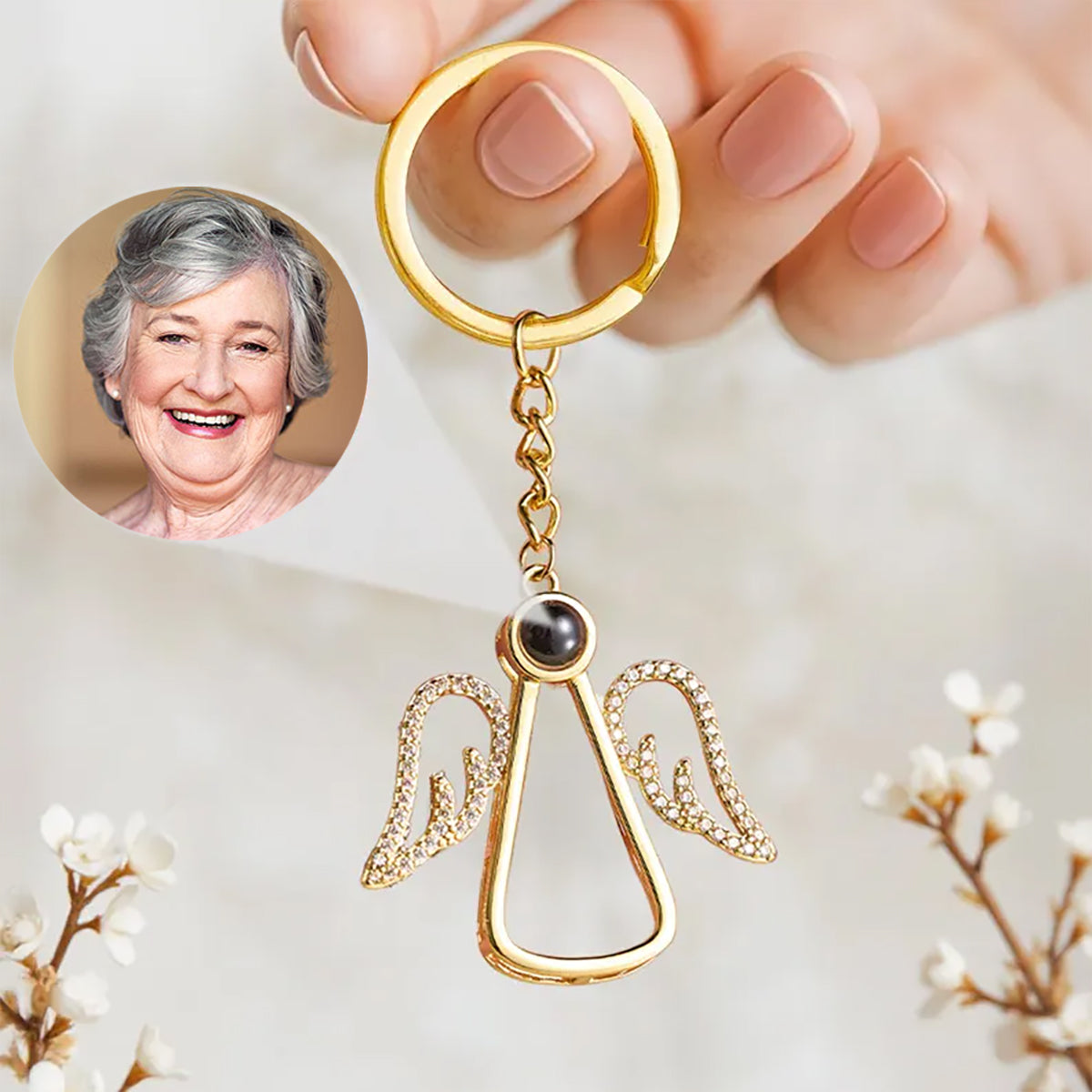 Personalized Photo Projection Keychain With Angel Wings - woohops