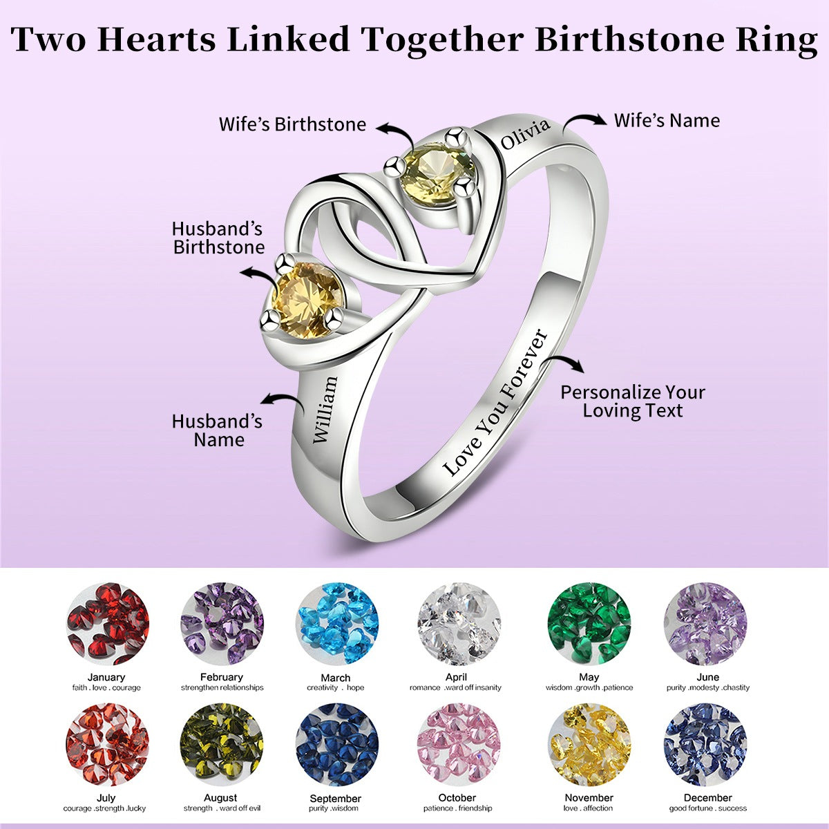 Personalized Two Hearts Birthstone Ring - Gift For Couple - woohops