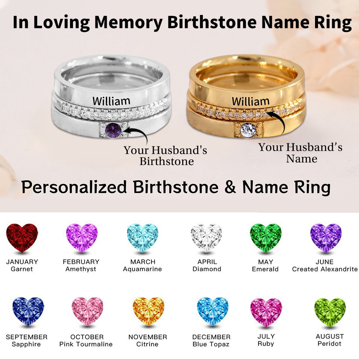 Personalized Name Birthstone Stackable Memorial Ring - woohops