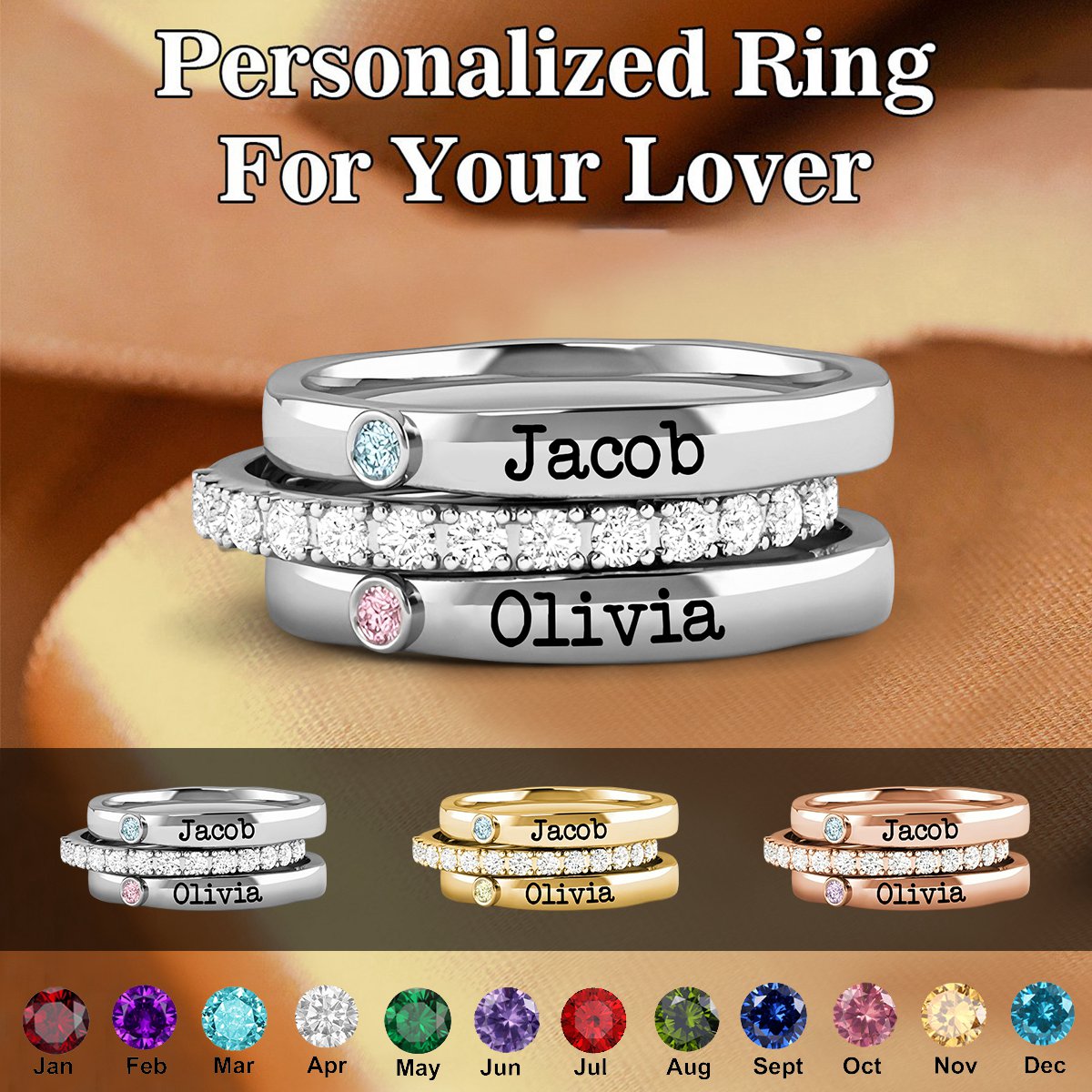 Personalized Born in Love Birthstone Name Ring Stack - woohops