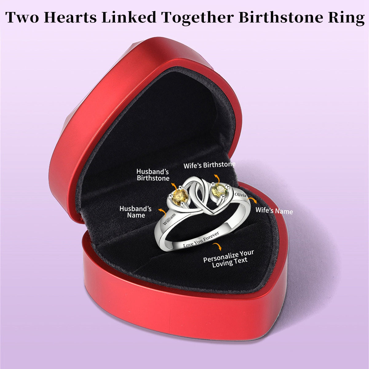 Personalized Two Hearts Birthstone Ring - Gift For Couple - woohops