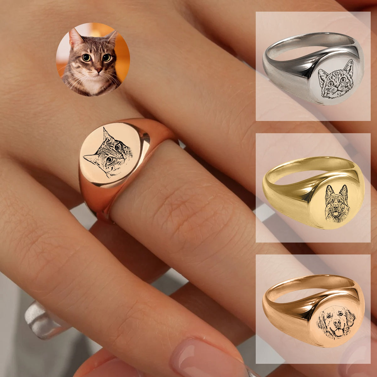 Personalized Dog Portrait Signet Ring,Engraved Pet Photo - woohops