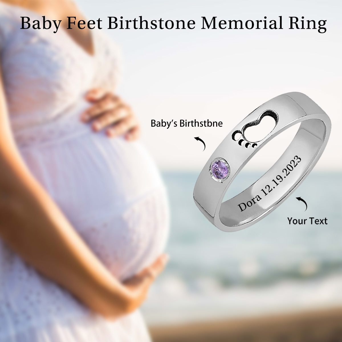 Personalized Memorial Baby Feet Ring with Birthstone - woohops