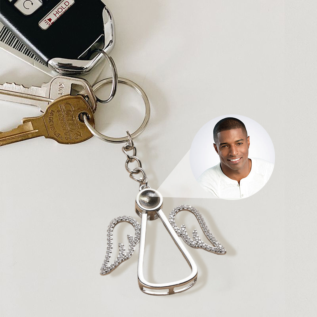 Personalized Photo Projection Keychain With Angel Wings - woohops