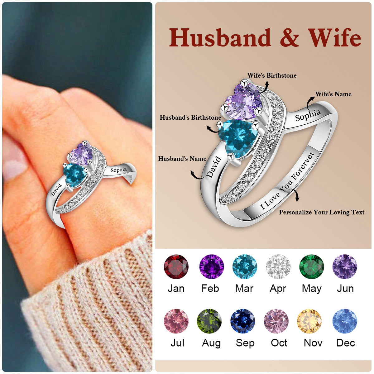 Personalized Name Promise Birthstones Ring For Couple - woohops