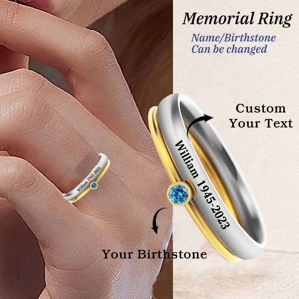 Personalized Name Birthstone Stackable Memorial Ring - woohops