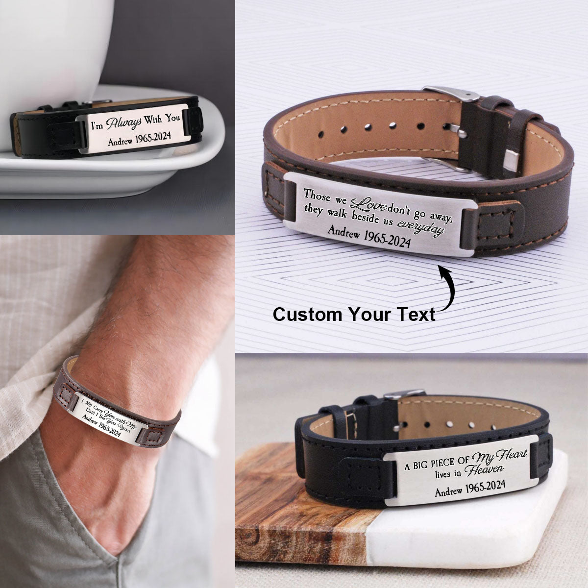 Personalized Custom Memorial Text Leather Bracelet - woohops