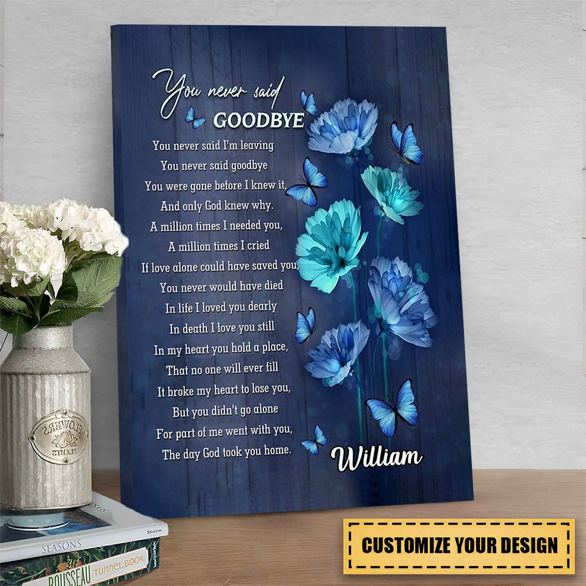 You Never Said Goodbye Butterfly Canvas Blue Flower Wall Art - woohops