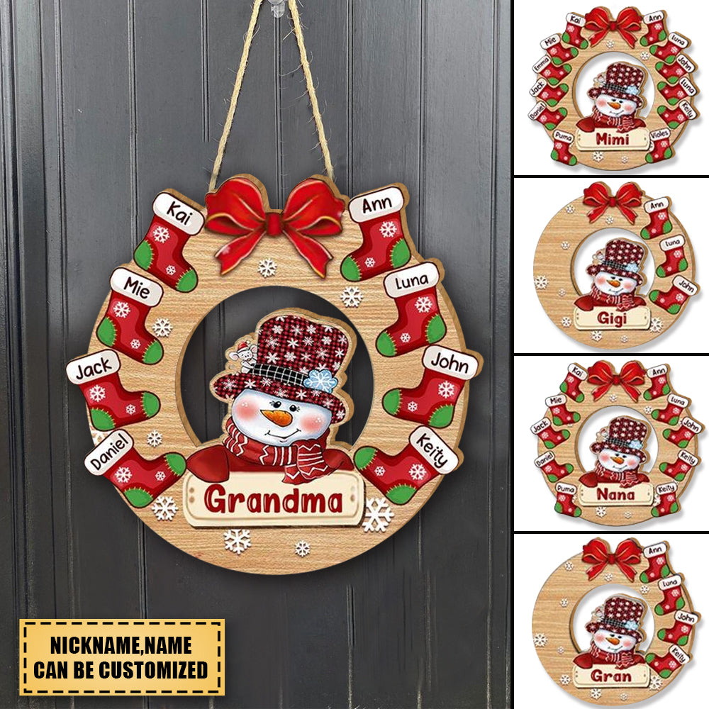 Grandma Snow And Sock Kids Personalized Wood Sign - woohops